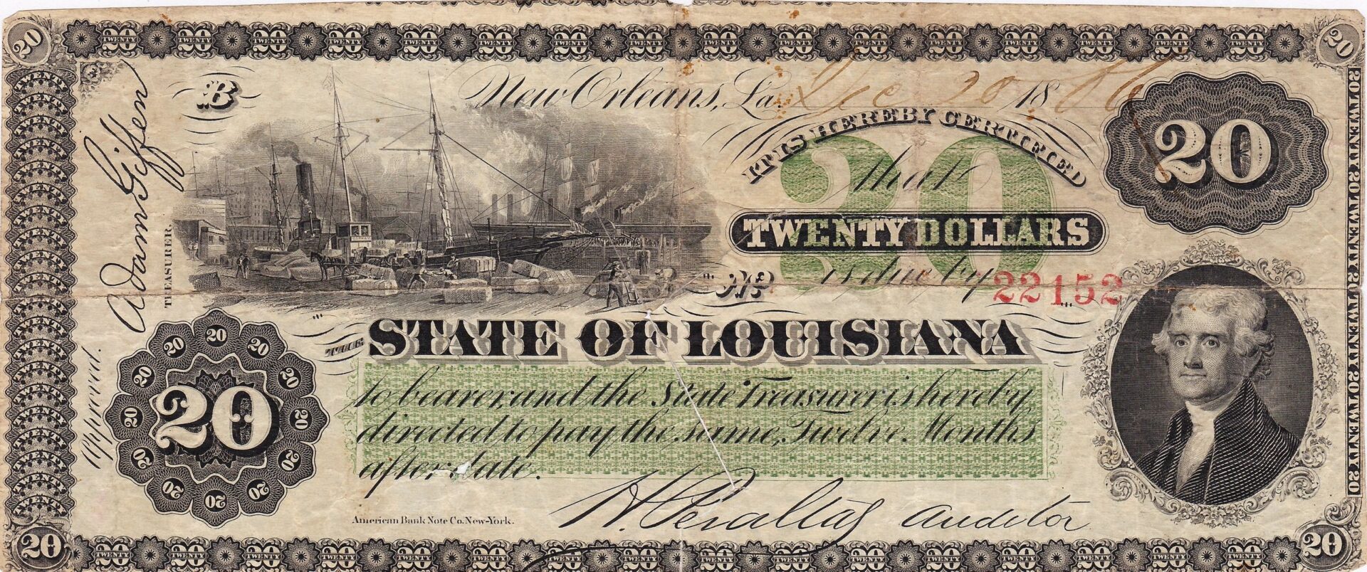 1866 $20 The State of Louisiana Note / SOLD - Union Drummer Boy