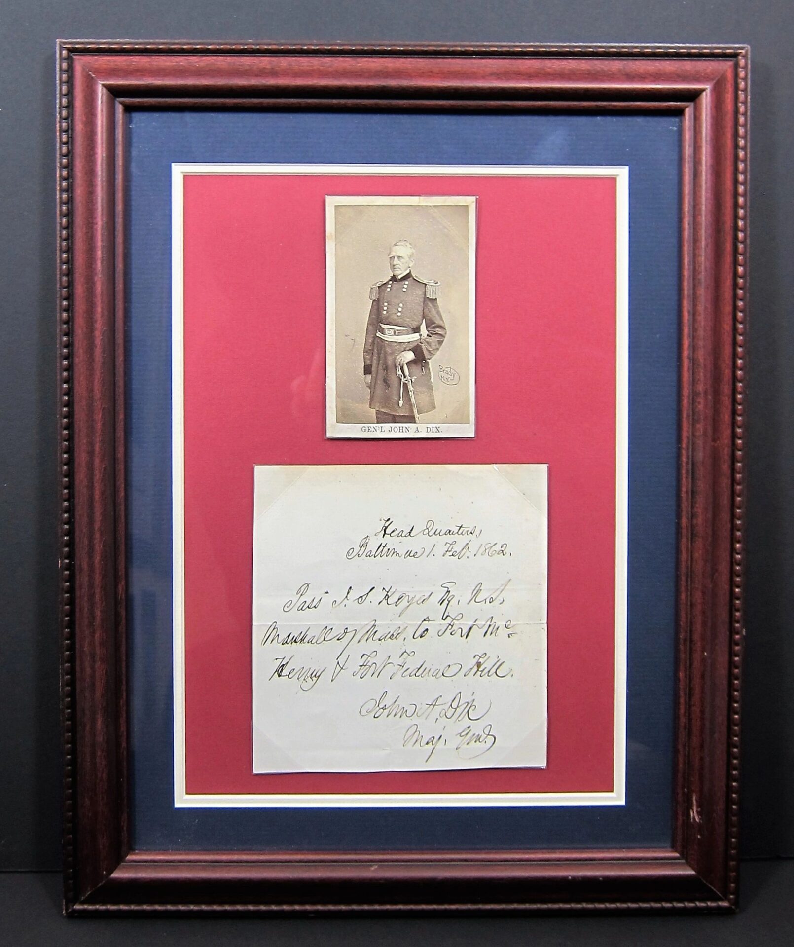 General John A. Dix Original Framed CDV With War Dated Letter / Sold ...