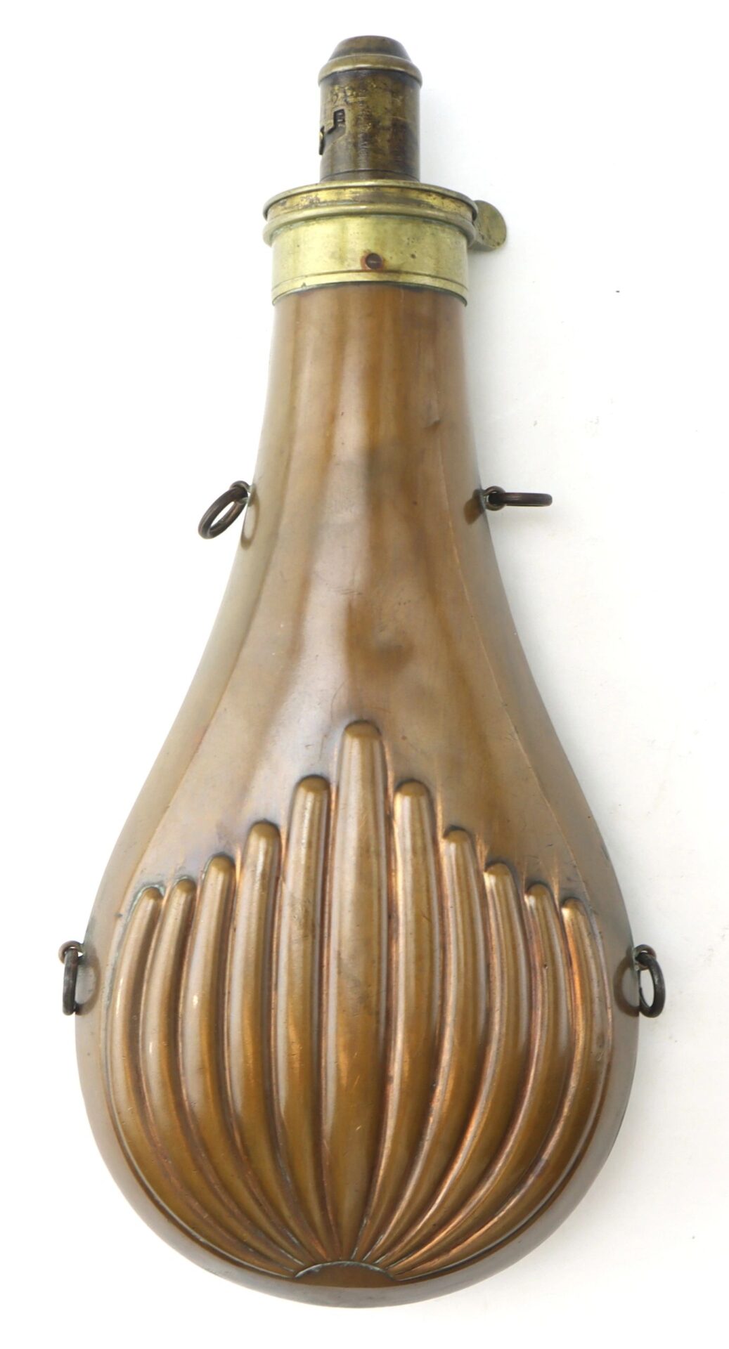 Civil War Era Antique Embossed Copper Powder Flask - Union Drummer Boy