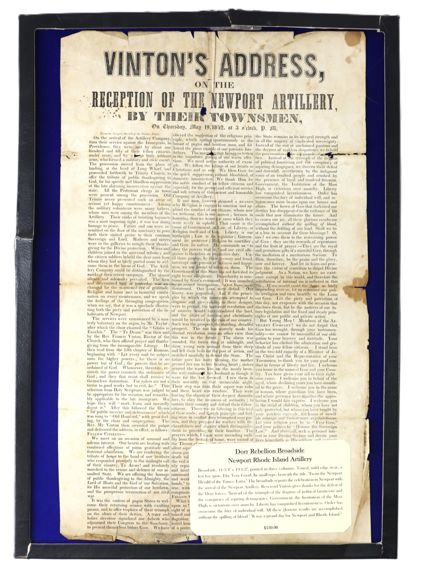 Dorr Rebellion Broadside Newport Rhode Island Artillery - Union Drummer Boy