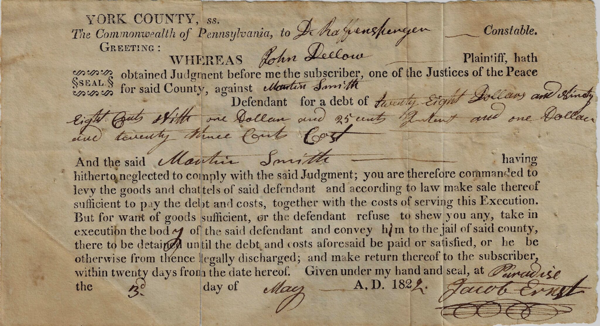 1824 York County Debtor’s Execution Notice, Signed by Renowned ...